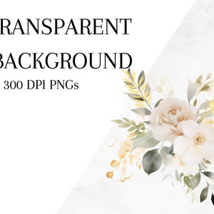 Watercolor White and Gold Floral Clipart PNG, Flower Arrangements ...
