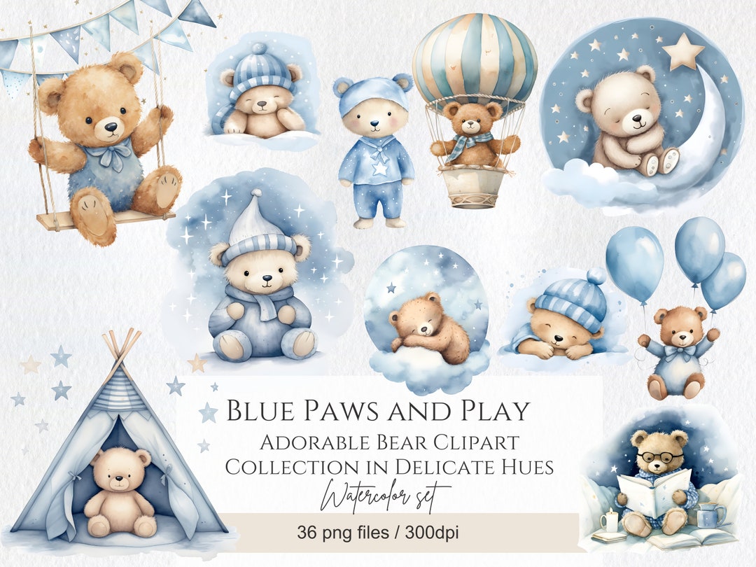 Watercolor Blue Teddy Bear Clipart Bundle, Sleepy Cute Boy Bear Baby ...
