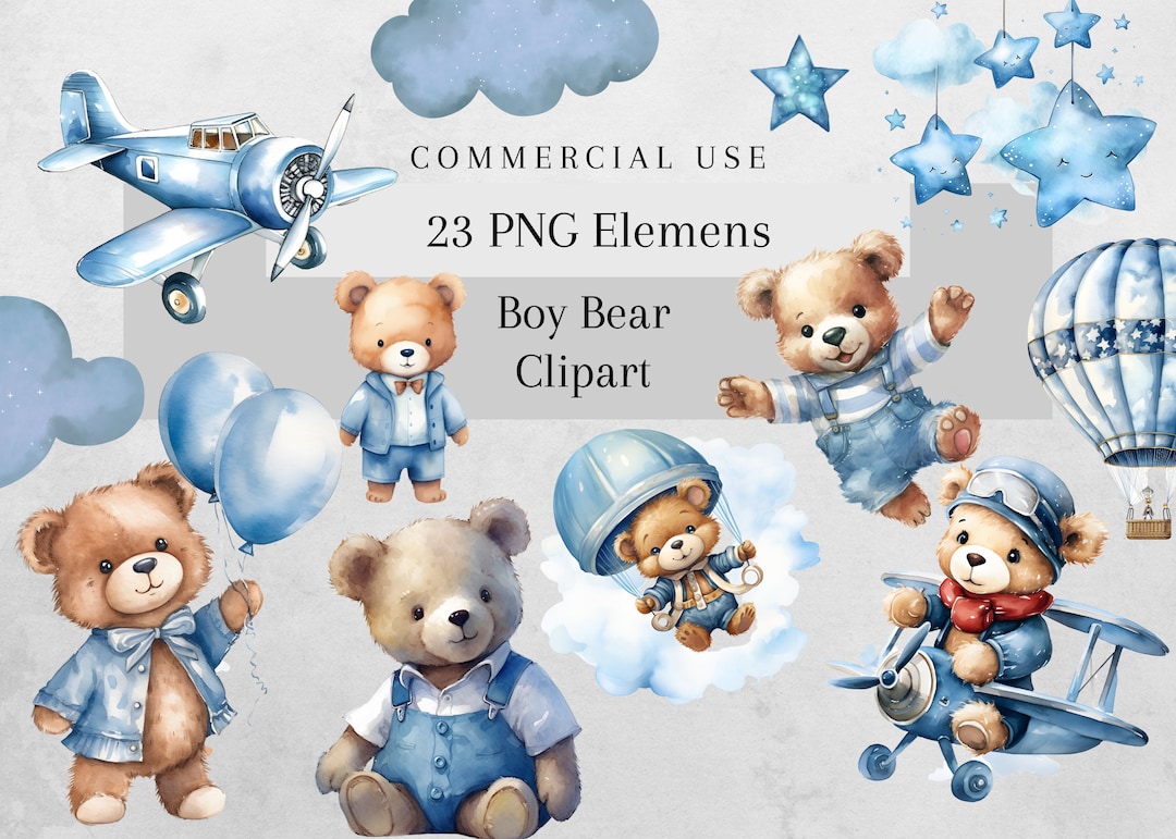 Watercolor Teddy Boy Bear Clip Art Clipart Bundle, Baby Shower Clipart ...