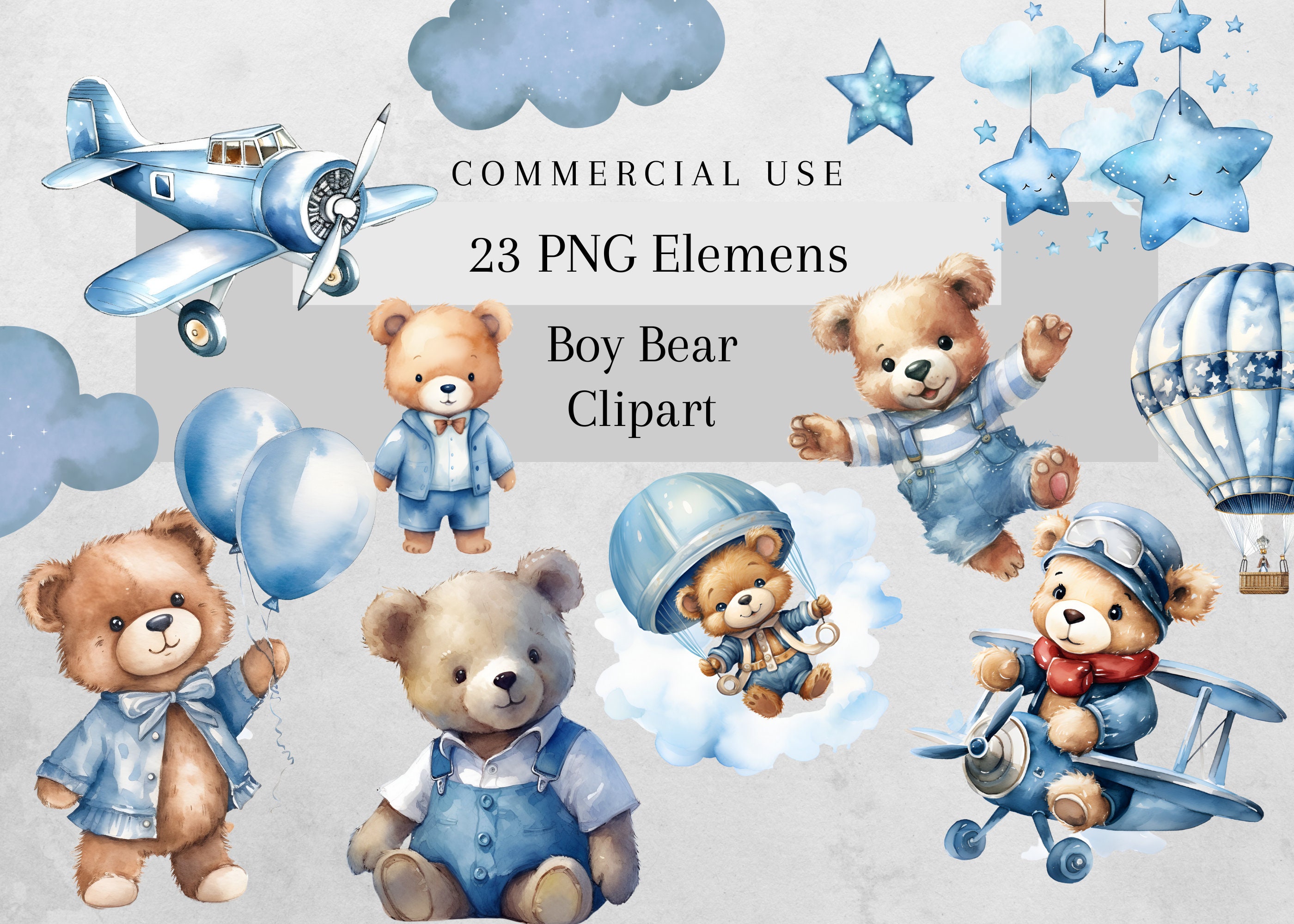 Watercolor Teddy Boy Bear Clip Art Clipart Bundle, Baby Shower Clipart ...