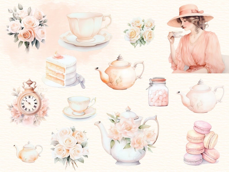 Watercolor Tea Party Clipart, Tea Set Clipart, Tea Time Clipart, Teacup ...