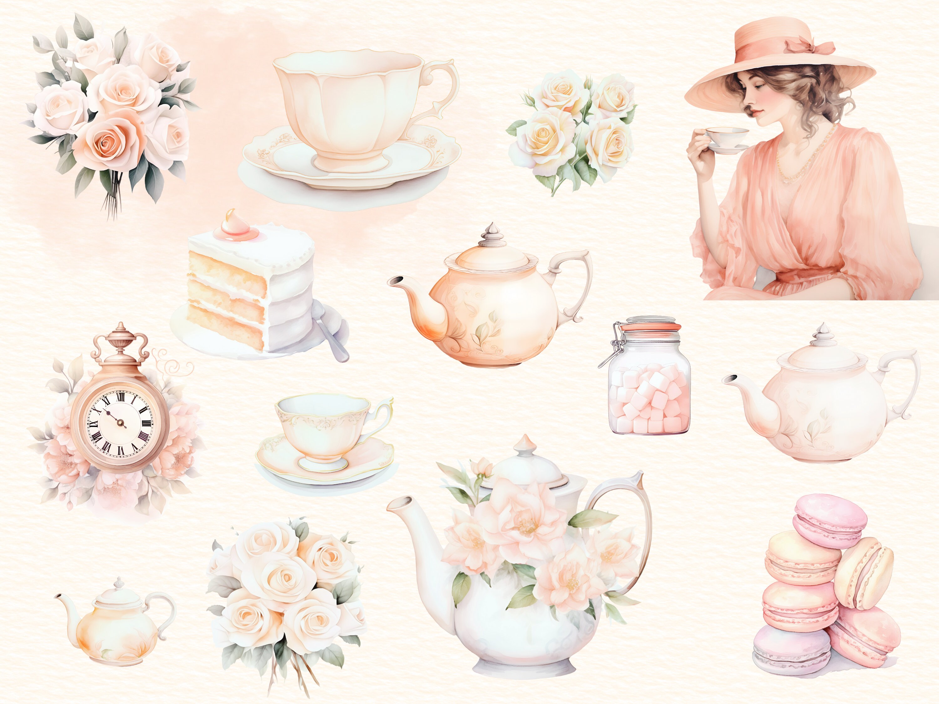 Watercolor Tea Party Clipart, Tea Set Clipart, Tea Time Clipart, Teacup ...