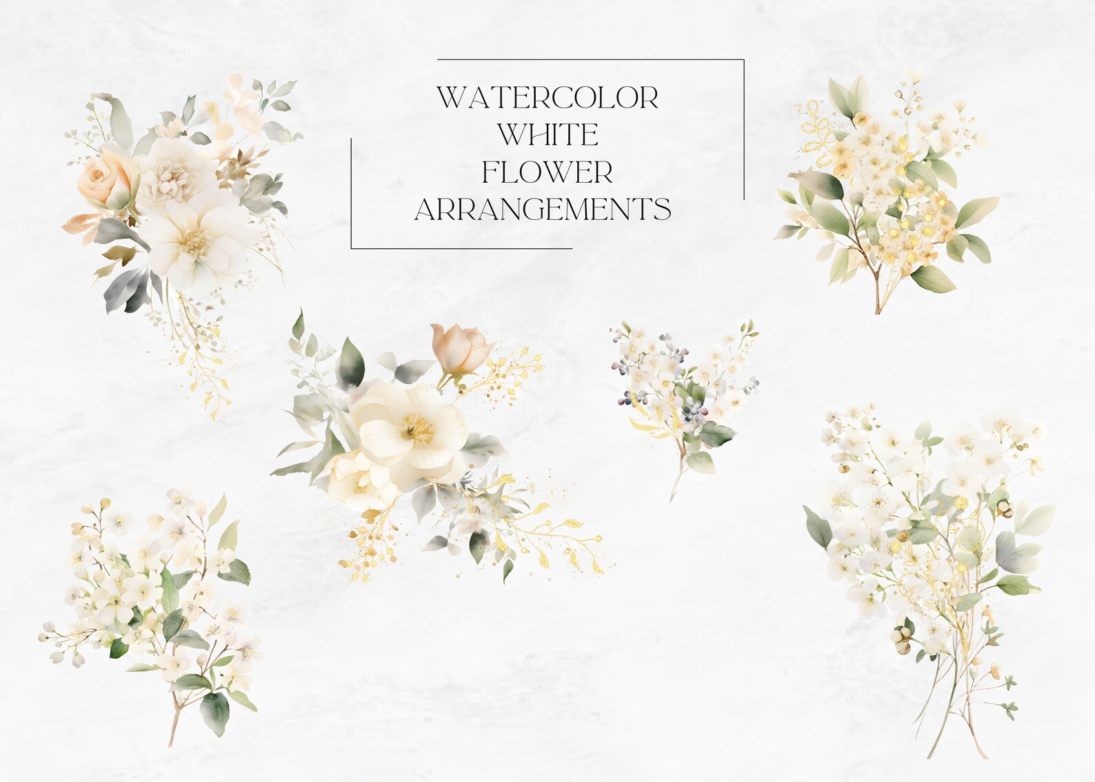 Watercolor White and Gold Floral Clipart PNG, Flower Arrangements ...
