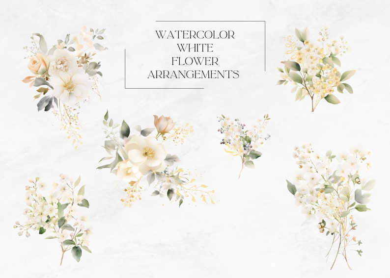 Watercolor White and Gold Floral Clipart PNG, Flower Arrangements ...