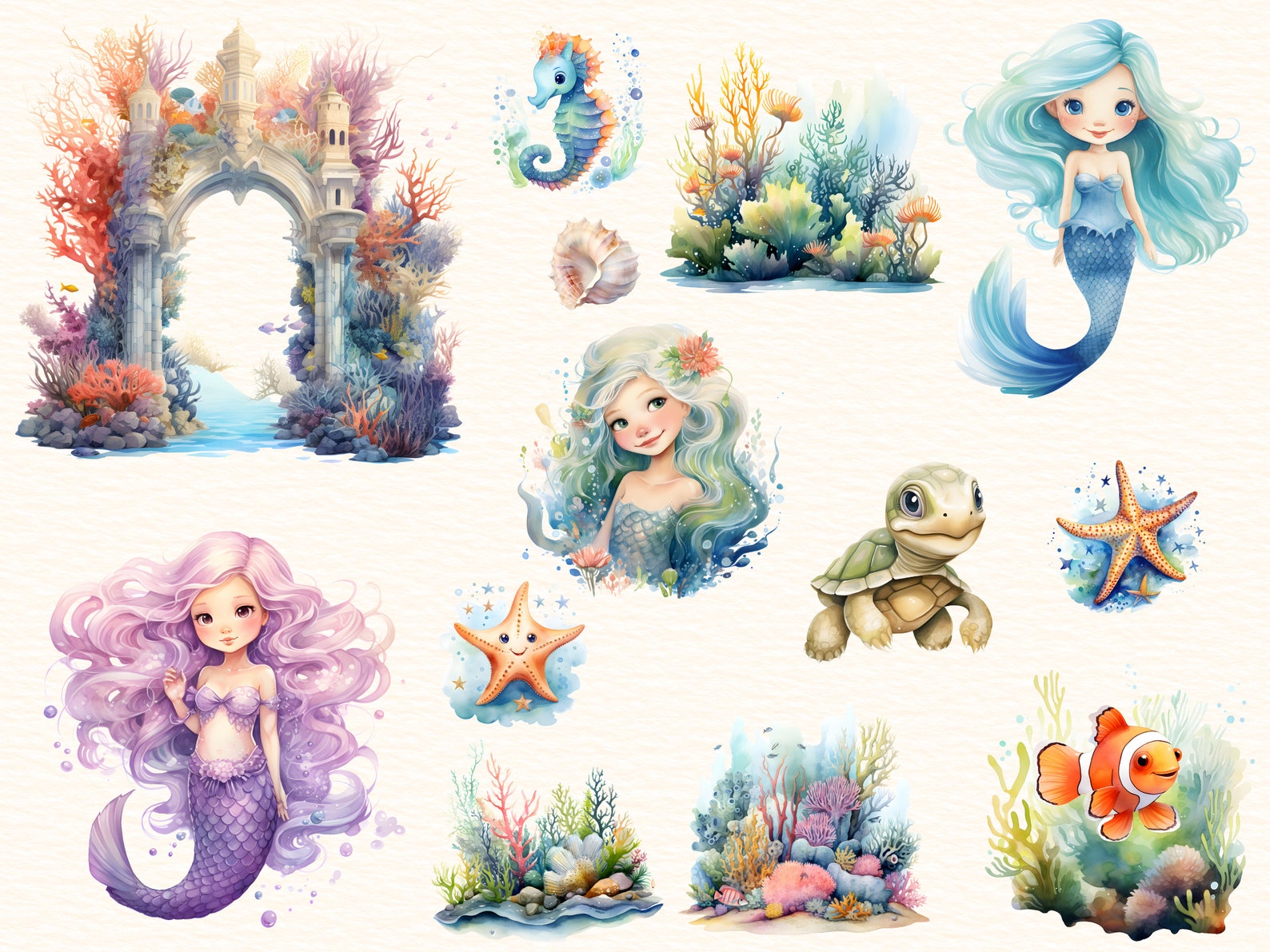 Mermaid Clipart Under the Sea Animals Watercolor Clip Art, Sea Animals ...