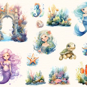 Mermaid Clipart Under the Sea Animals Watercolor Clip Art, Sea Animals ...