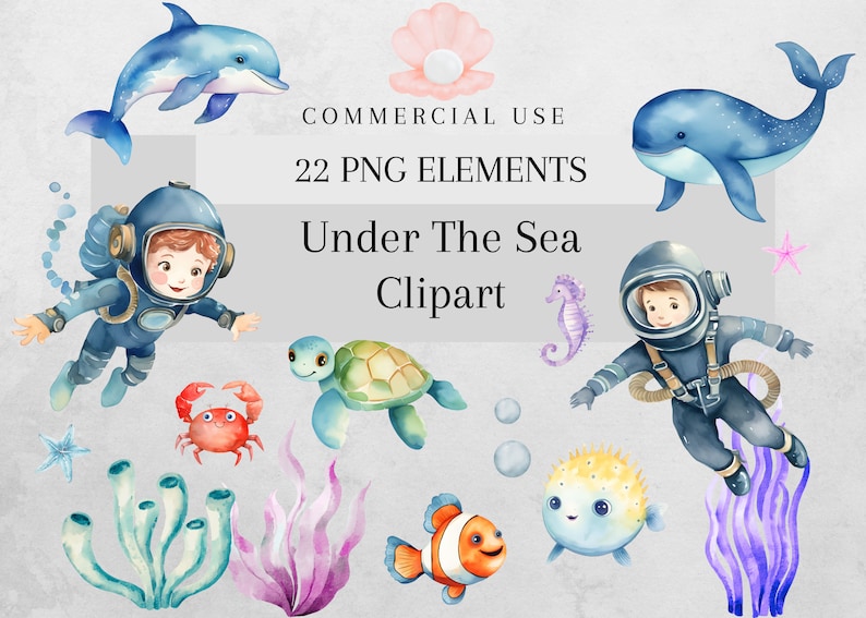Cute Under the Sea Animals Watercolor Clip Art Bundle, Sea Animals ...