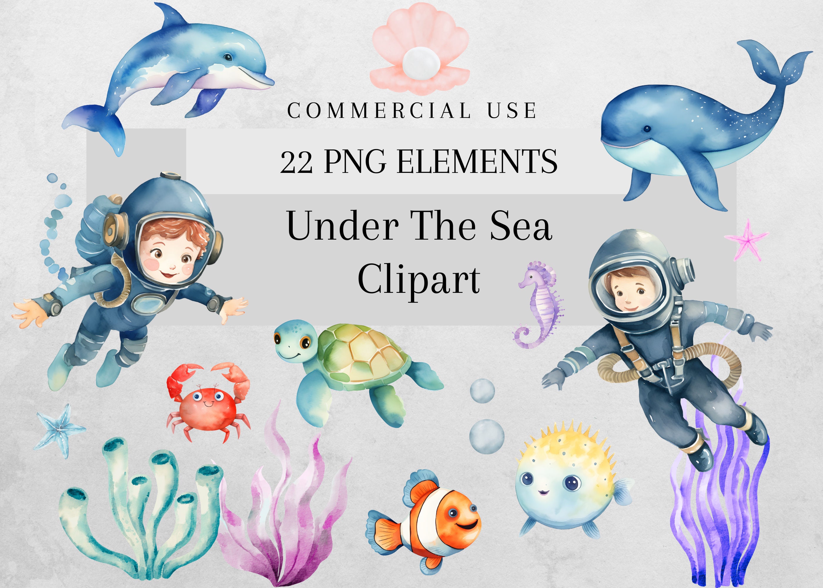Cute Under the Sea Animals Watercolor Clip Art Bundle, Sea Animals ...