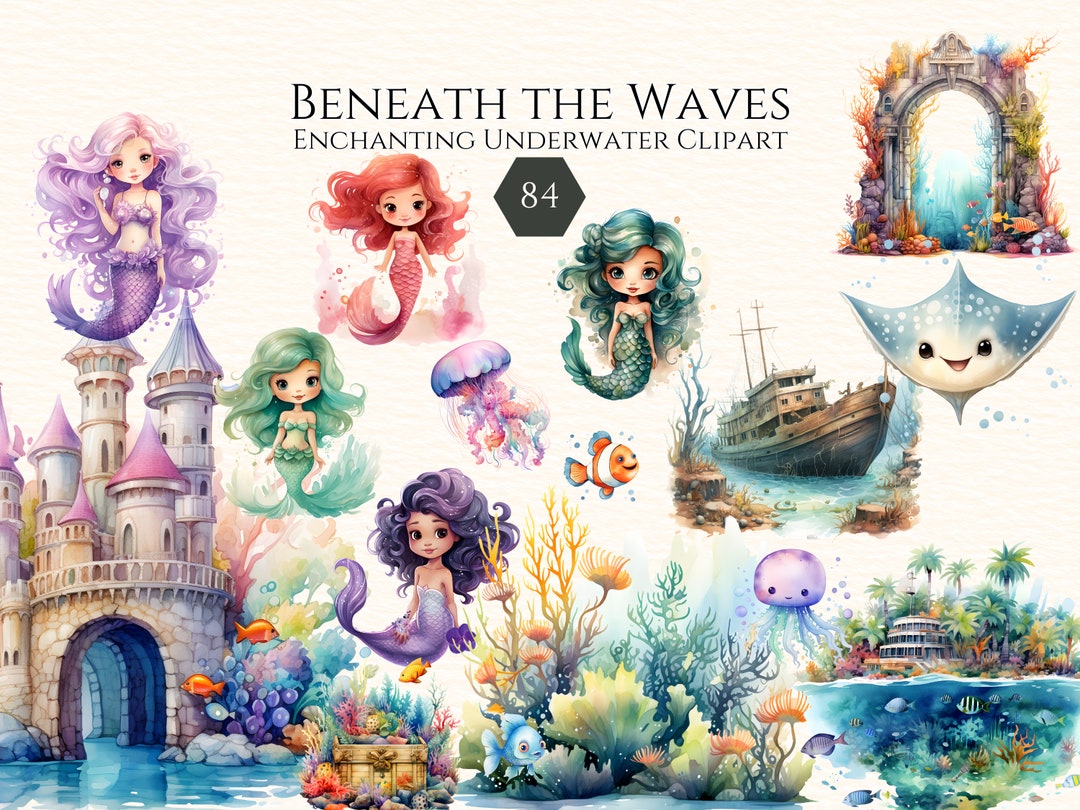 Mermaid Clipart Under the Sea Animals Watercolor Clip Art, Sea Animals ...