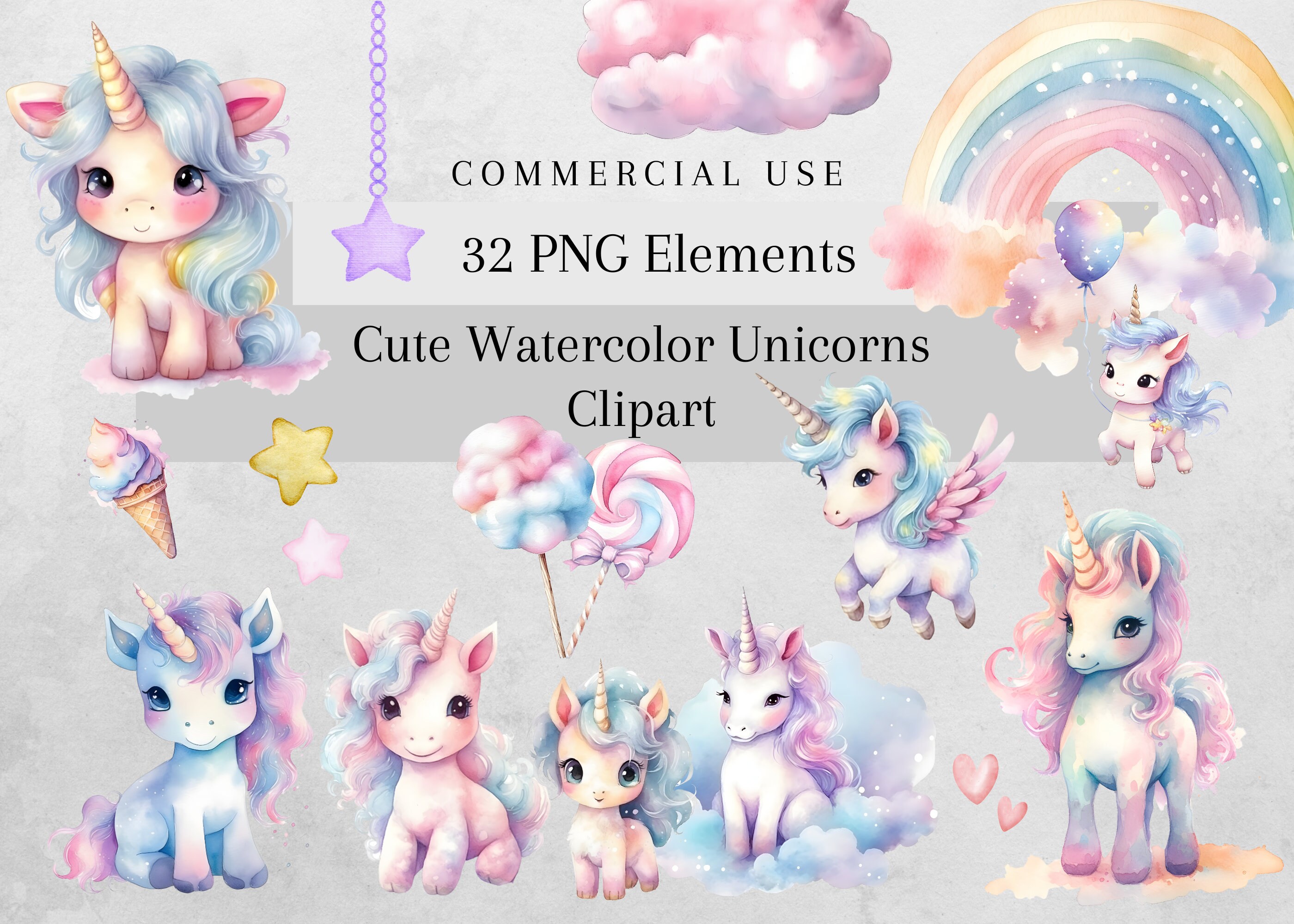 Cute Unicorn Watercolor Clipart Bundle, Rainbow Pastel Candy Lollipop ...