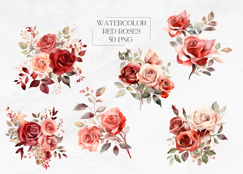 Watercolor Red Roses, Floral Clipart Bundle, Watercolor Floral Clipart ...