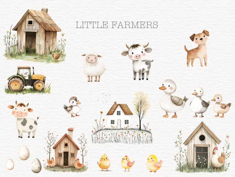 Watercolor Farm Animals Clipart Bundle, Cute Farm PNG, Baby Shower ...