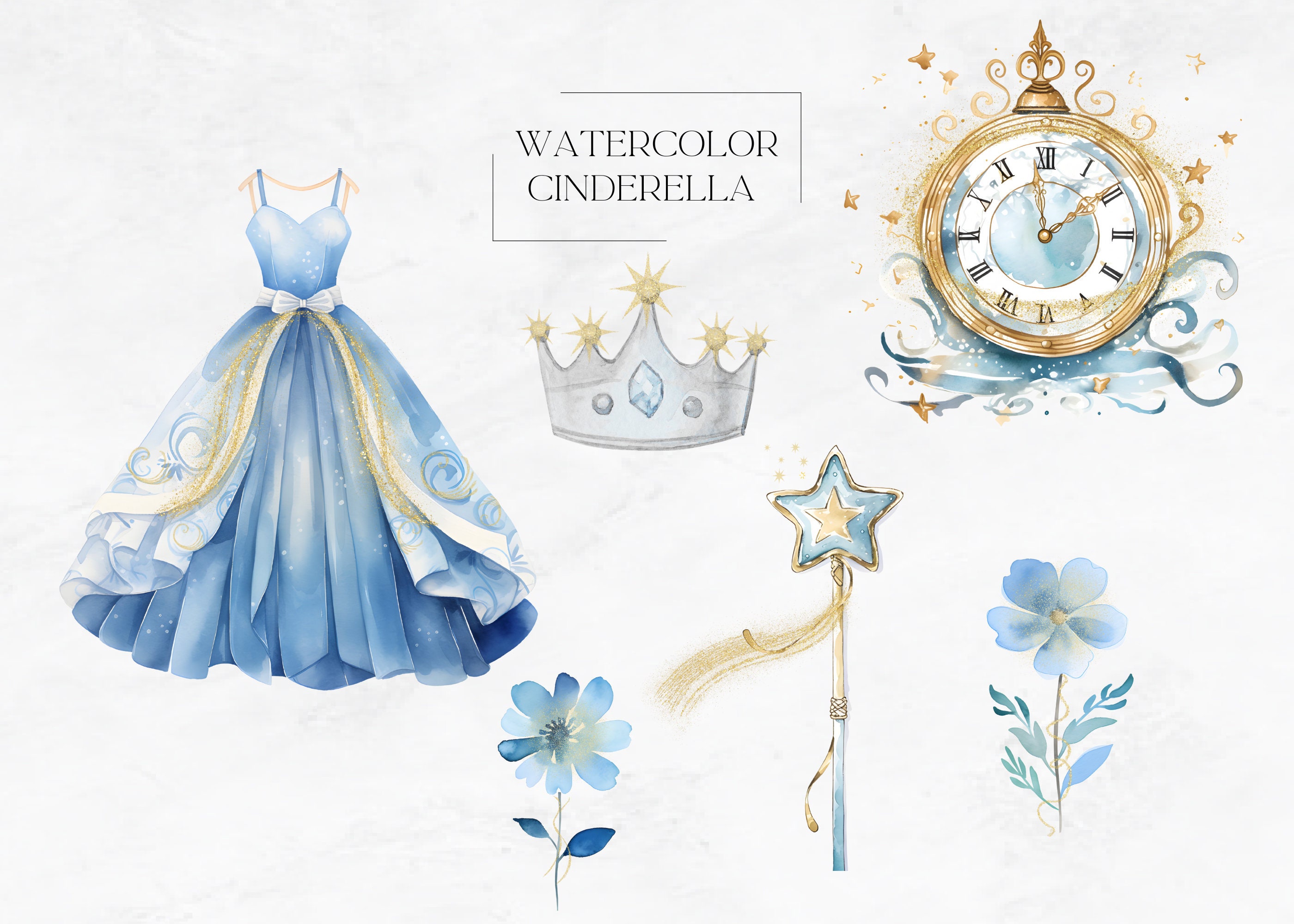 Watercolor Cinderella PNG Clipart Bundle, 22 Watercolor Cinderella ...