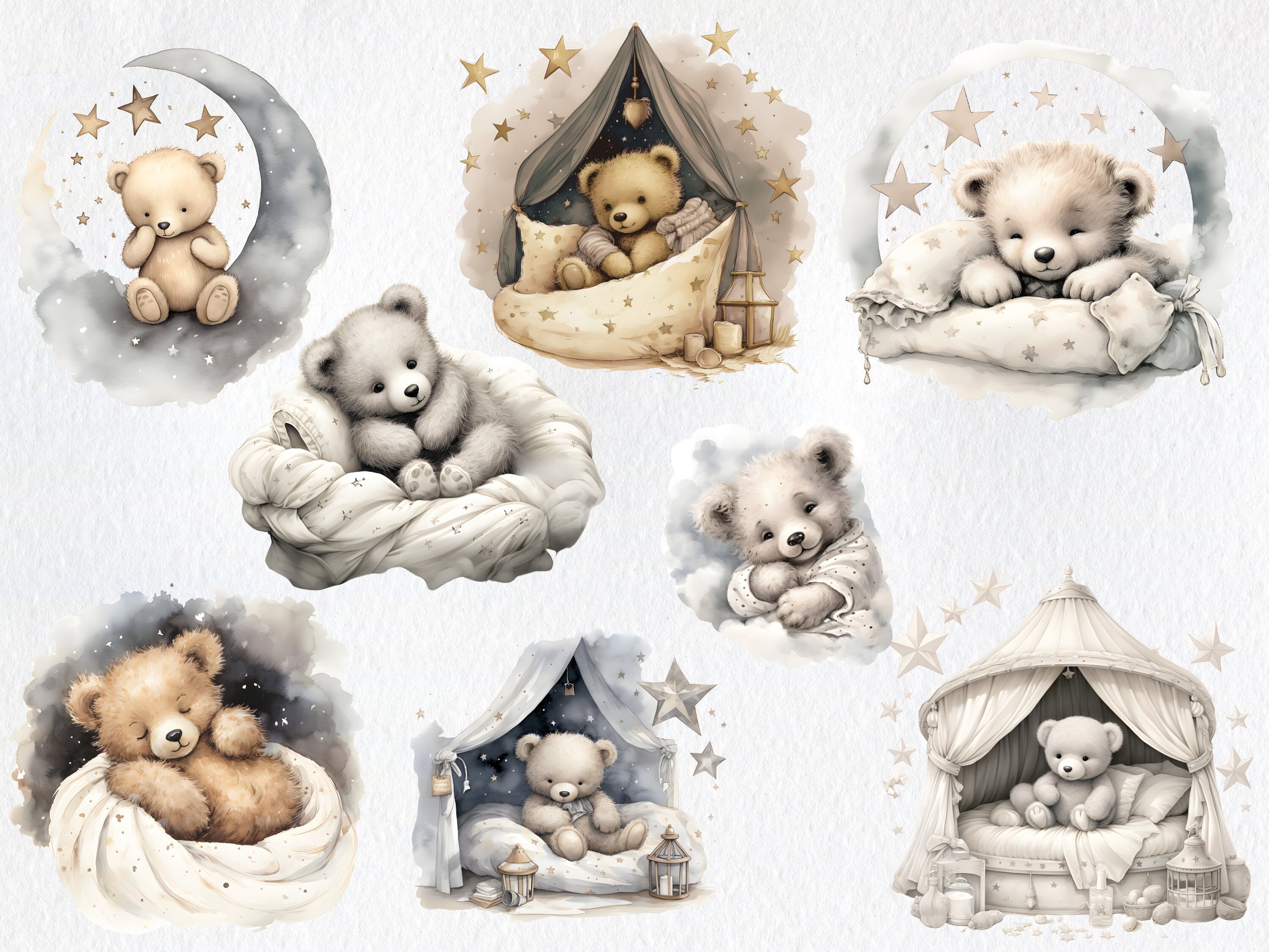 Watercolor Teddy Bear Clip Art Clipart Bundle, Baby Shower Clipart ...