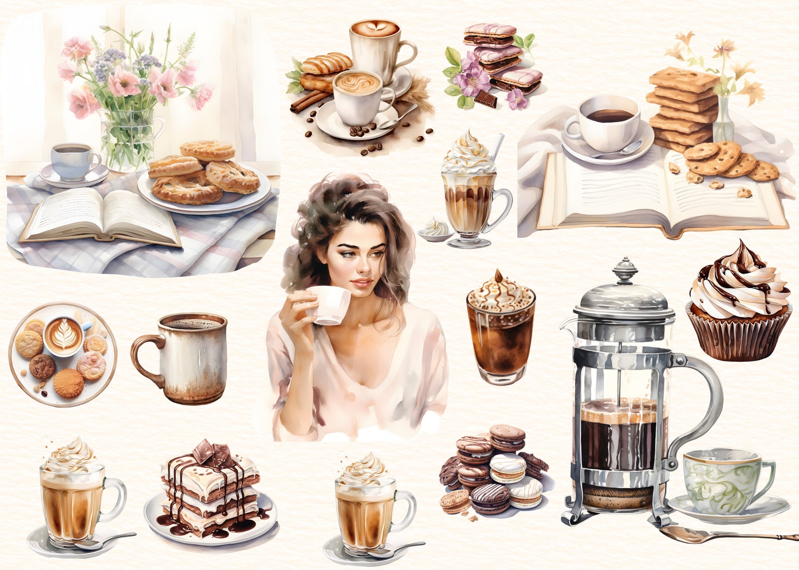 Watercolor Coffee Clipart Bundle PNG, Coffee Shop Clipart PNG, Iced ...