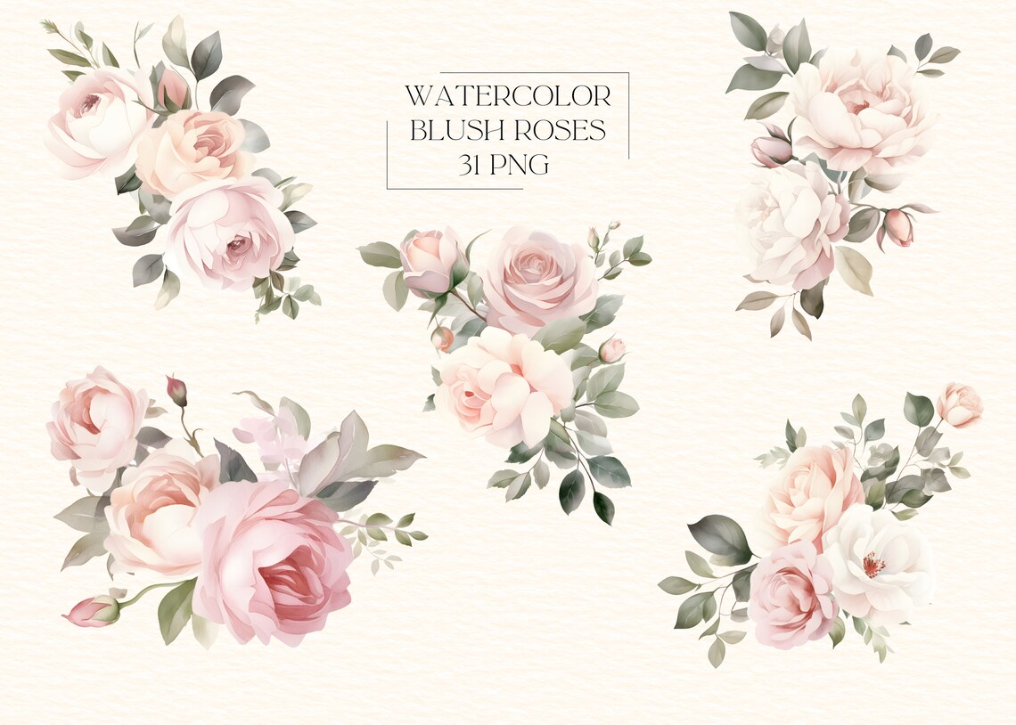 Watercolour Blush Roses Floral Clipart Bundle Dusty Roses - Etsy