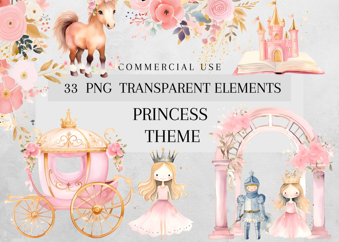 Watercolor Princess Theme PNG Clipart Bundle, Cute Princess and Knight ...