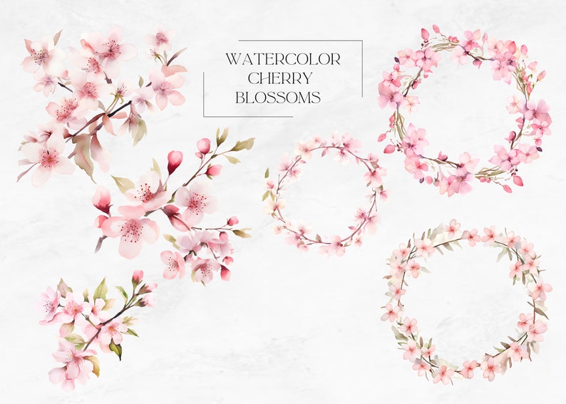 Watercolor Cherry Blossoms Clipart Floral Pink Wreaths - Etsy