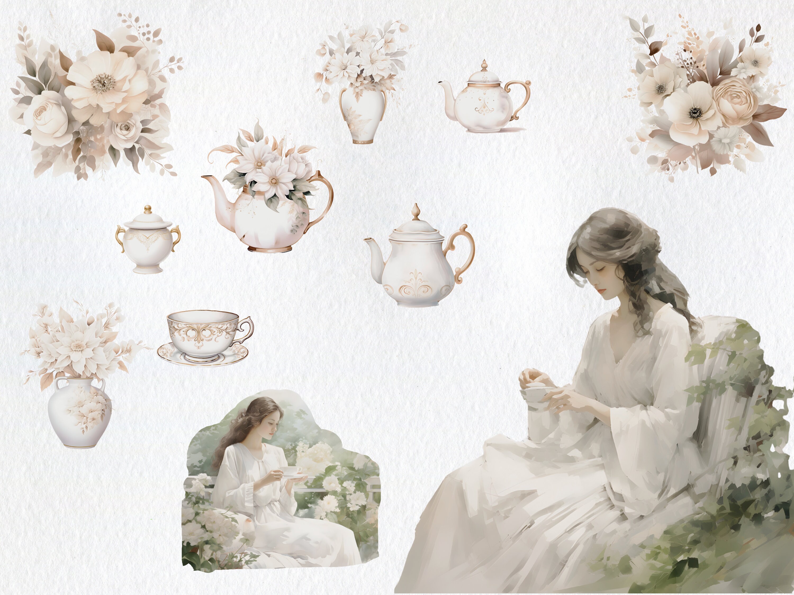 Watercolor Tea Party Clipart, Tea Set Clipart, Tea Time Clipart, Teacup ...