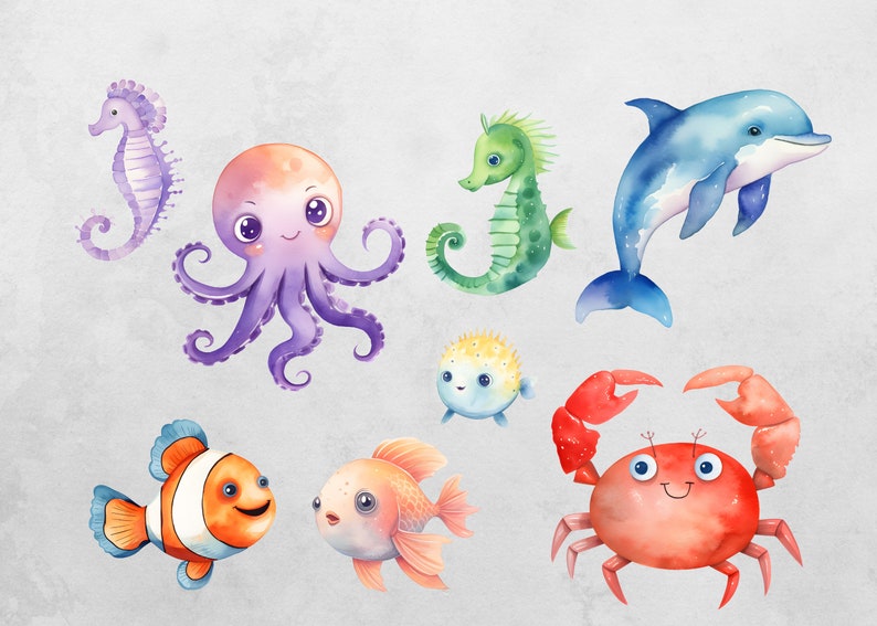 Cute Under the Sea Animals Watercolor Clip Art Bundle, Sea Animals ...