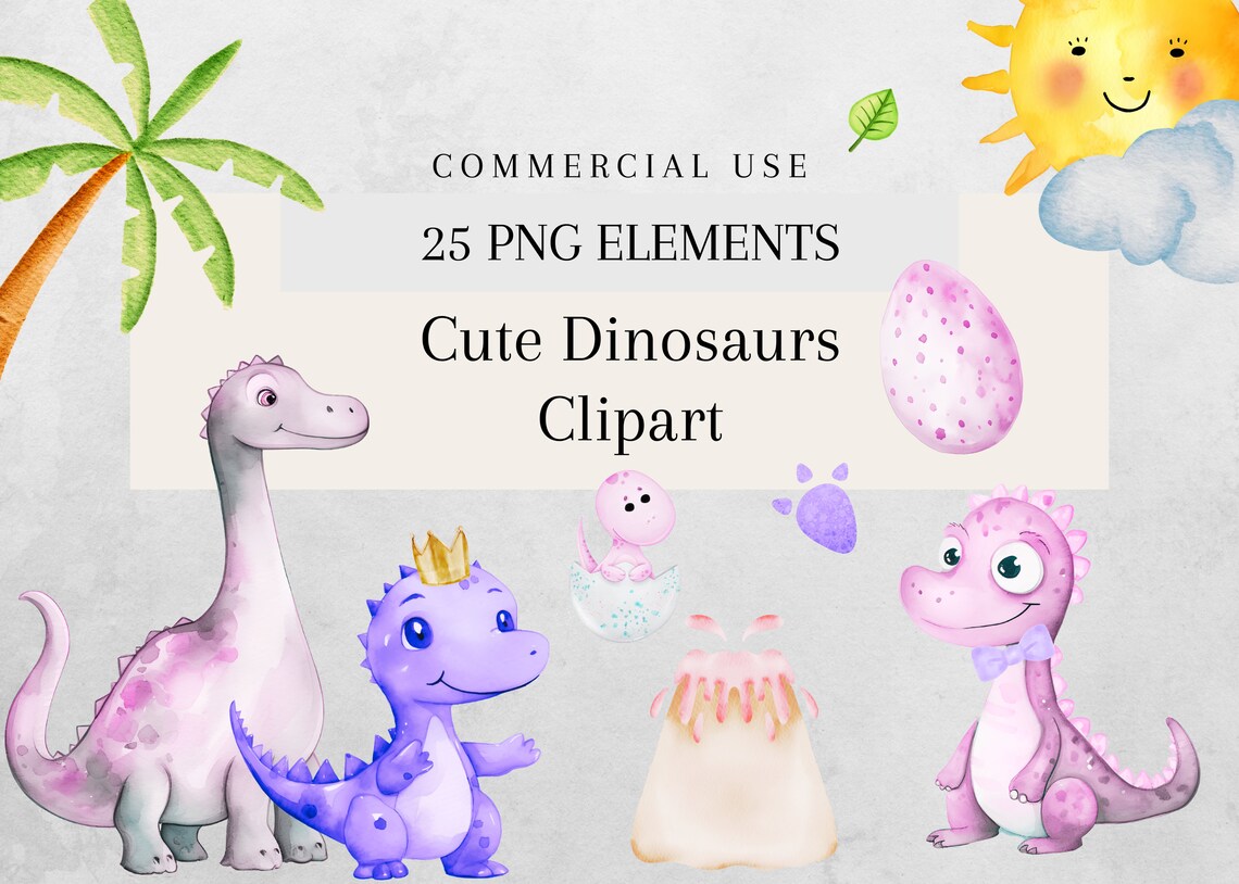 Watercolor Dinosaurs Clipart Bundle Cute Dinosaurs PNG Baby - Etsy