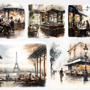 Watercolor Paris Coffee Shop Clipart PNG, Cute Paris Scenes PNG, Coffee ...