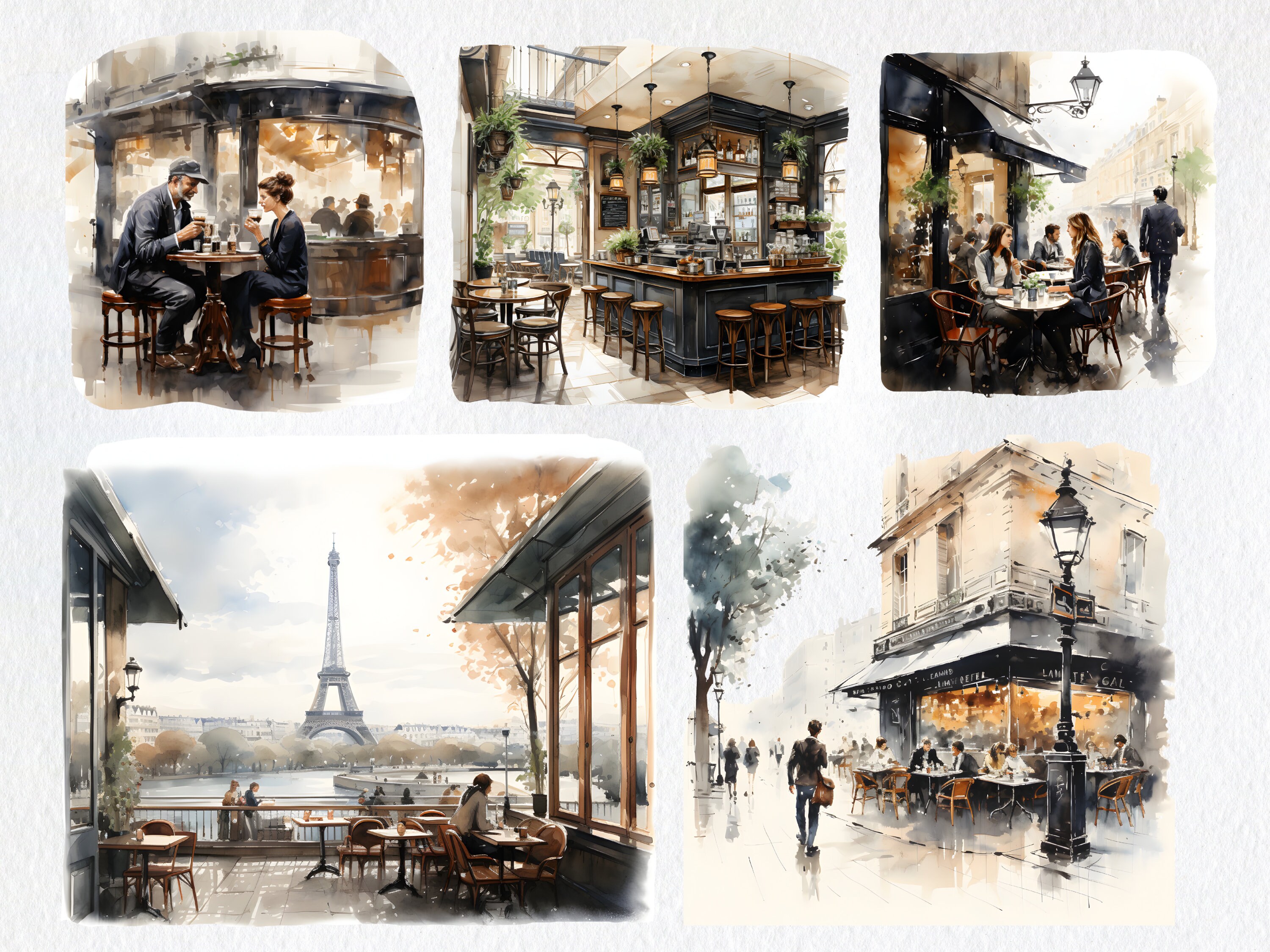 Watercolor Paris Coffee Shop Clipart PNG, Cute Paris Scenes PNG, Coffee ...