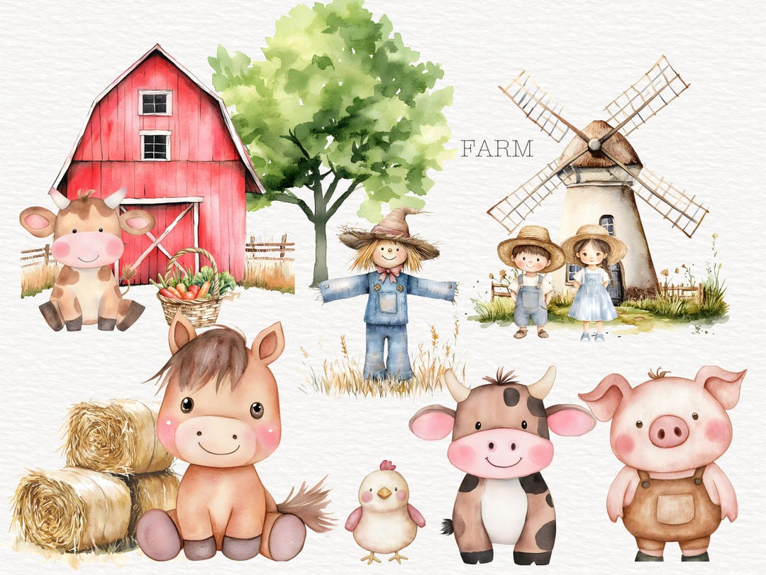 Watercolor Farm Animals Clipart Bundle, Cute Farm PNG, Baby Shower ...