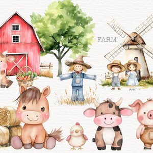 Watercolor Farm Animals Clipart Bundle, Cute Farm PNG, Baby Shower ...