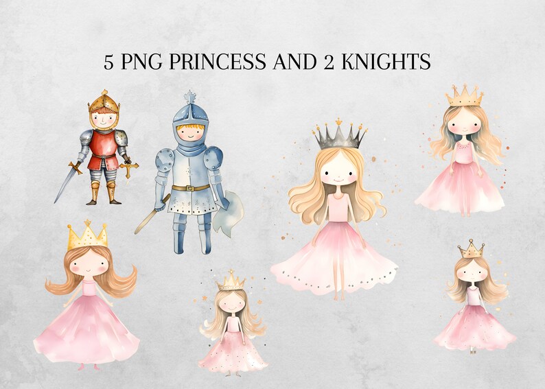 Watercolor Princess Theme PNG Clipart Bundle, Cute Princess and Knight ...