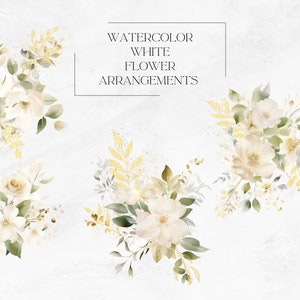 Watercolor White and Gold Floral Clipart PNG, Flower Arrangements ...