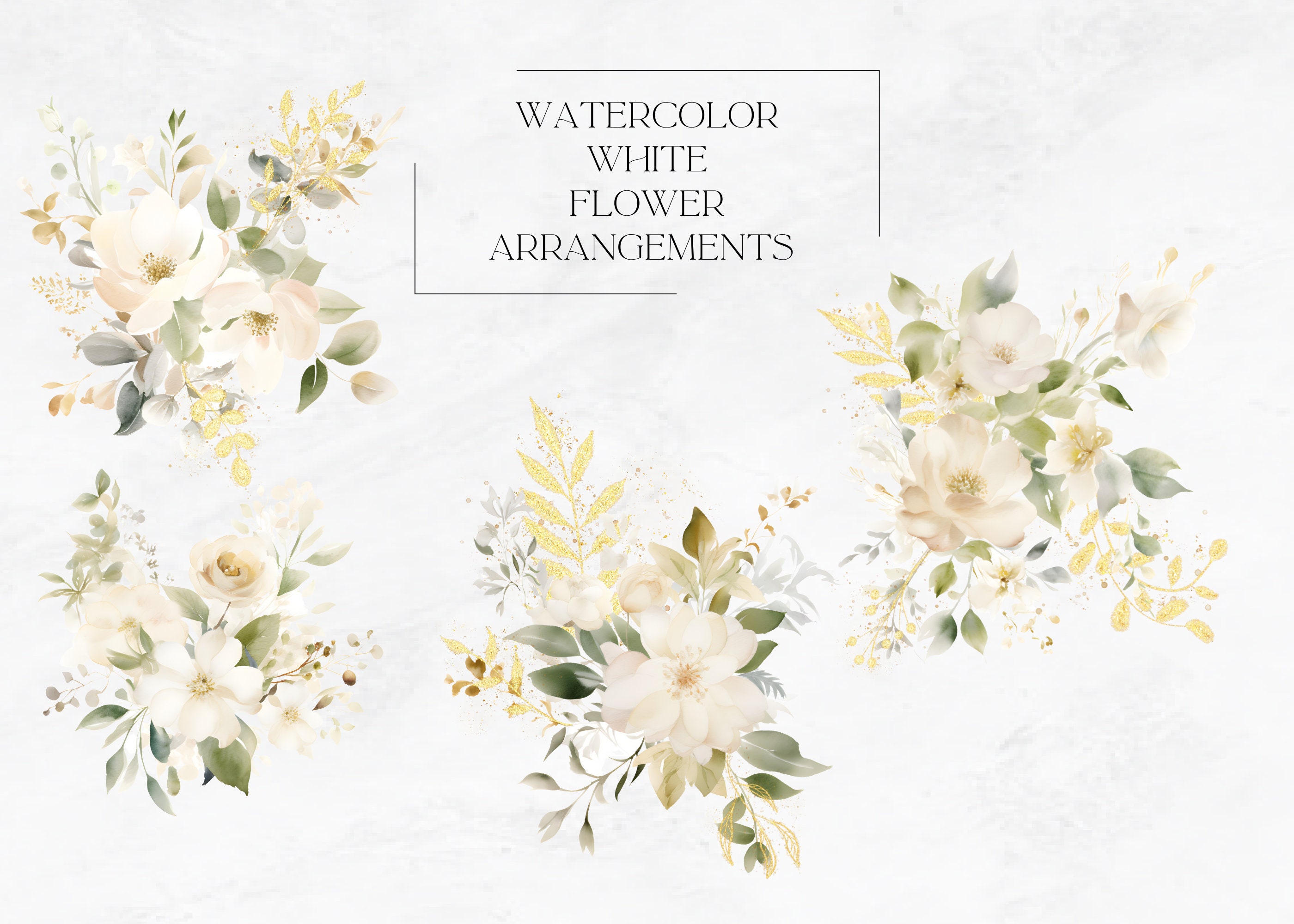Watercolor White and Gold Floral Clipart PNG, Flower Arrangements ...