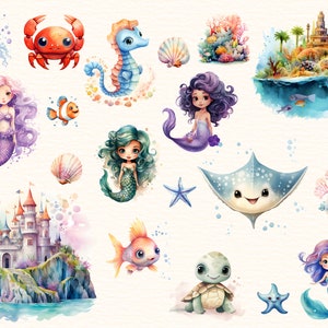 Mermaid Clipart Under the Sea Animals Watercolor Clip Art, Sea Animals ...