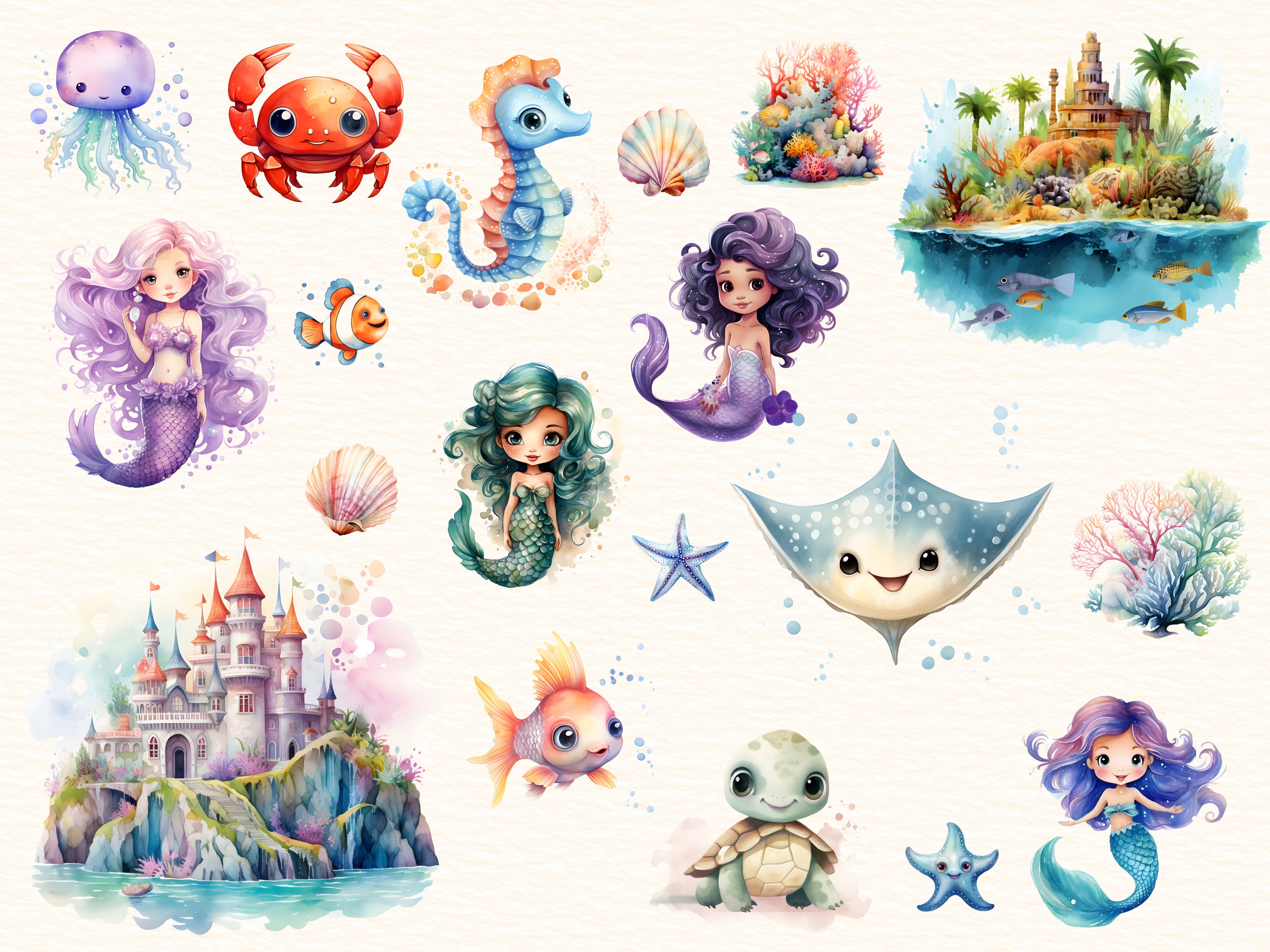 Mermaid Clipart Under the Sea Animals Watercolor Clip Art, Sea Animals ...