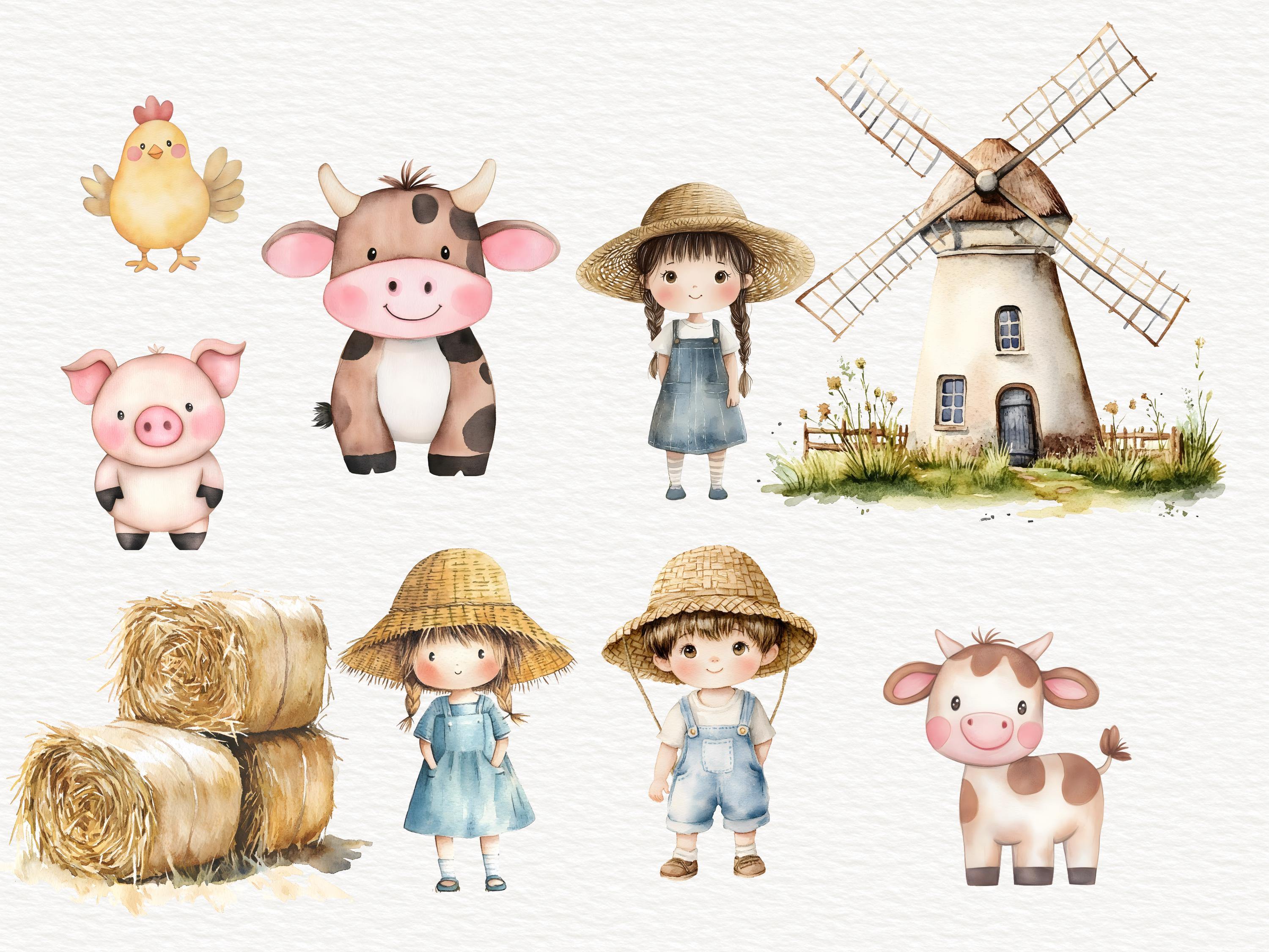 Watercolor Farm Animals Clipart Bundle, Cute Farm PNG, Baby Shower ...