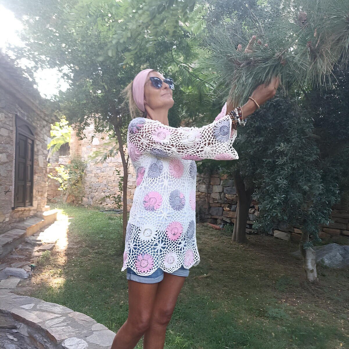Chic Pink and Ecru Crochet Cover up - Handmade Floral Design ...
