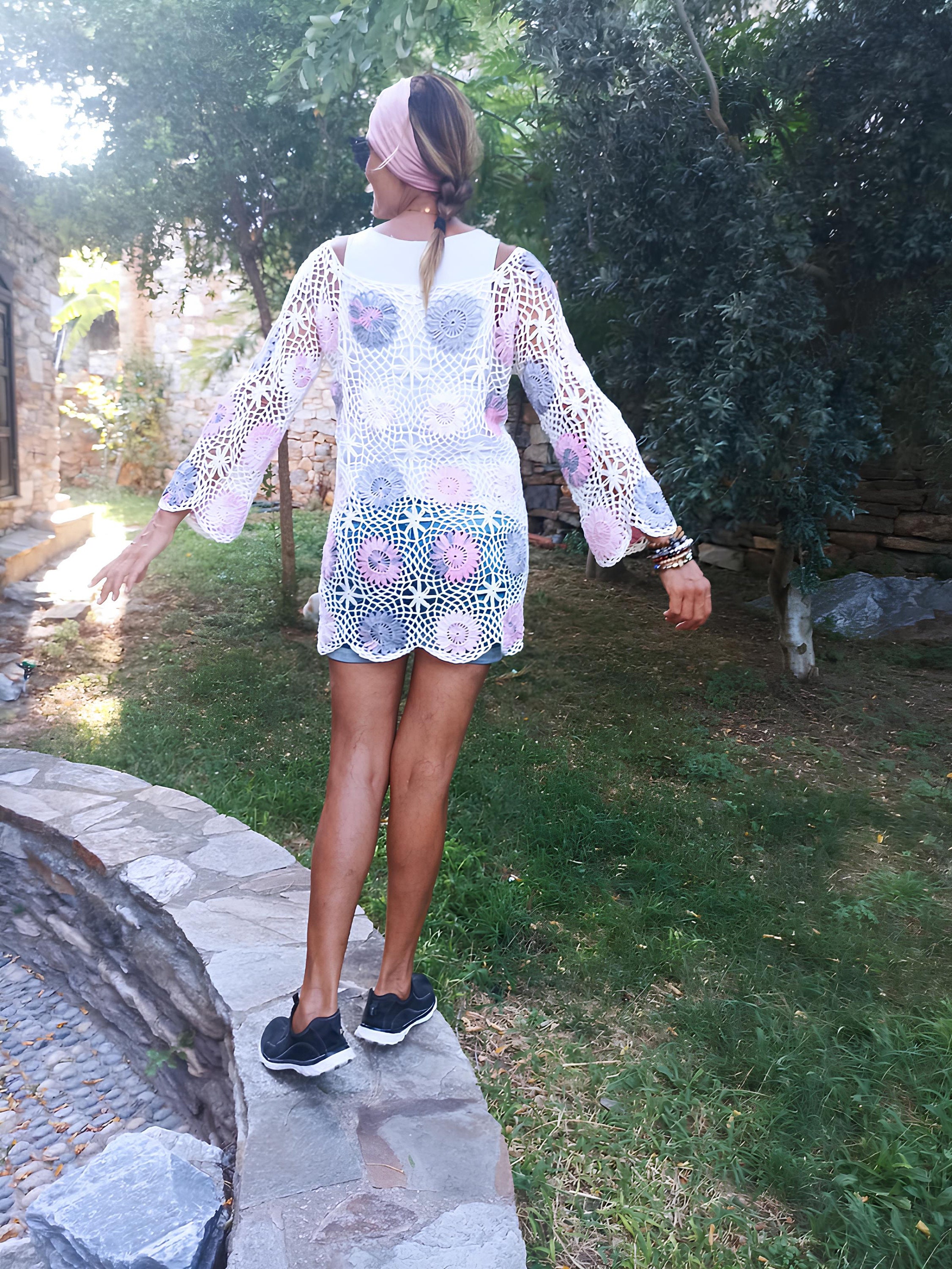 Chic Pink and Ecru Crochet Cover up - Handmade Floral Design ...
