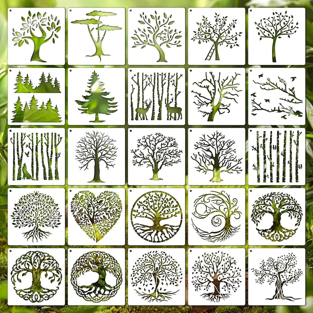 6 Inch Tree Stencils for Painting, Reusable Natural Plants Stencil, 25 ...