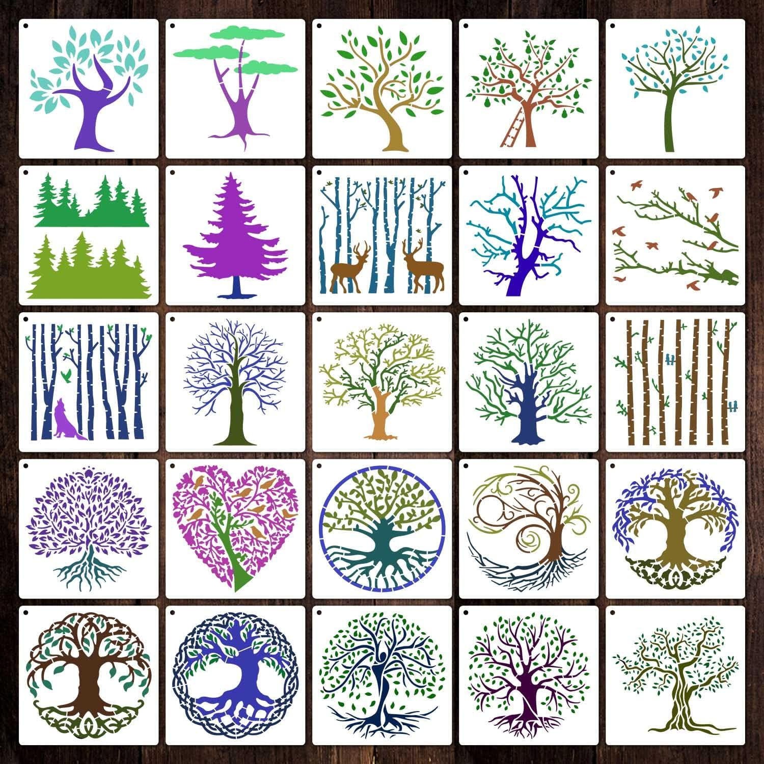 6 Inch Tree Stencils for Painting, Reusable Natural Plants Stencil, 25 ...