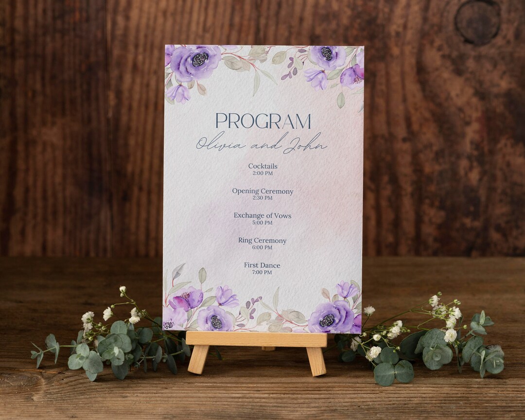 Lavender Wedding Program Template, Floral Purple Wedding Program ...