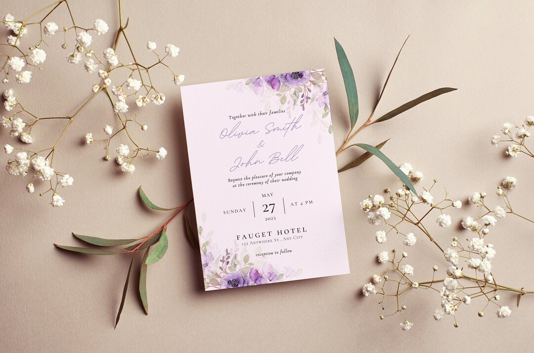 Lavender Wedding Invitation Template, Floral Purple Wedding Invite ...