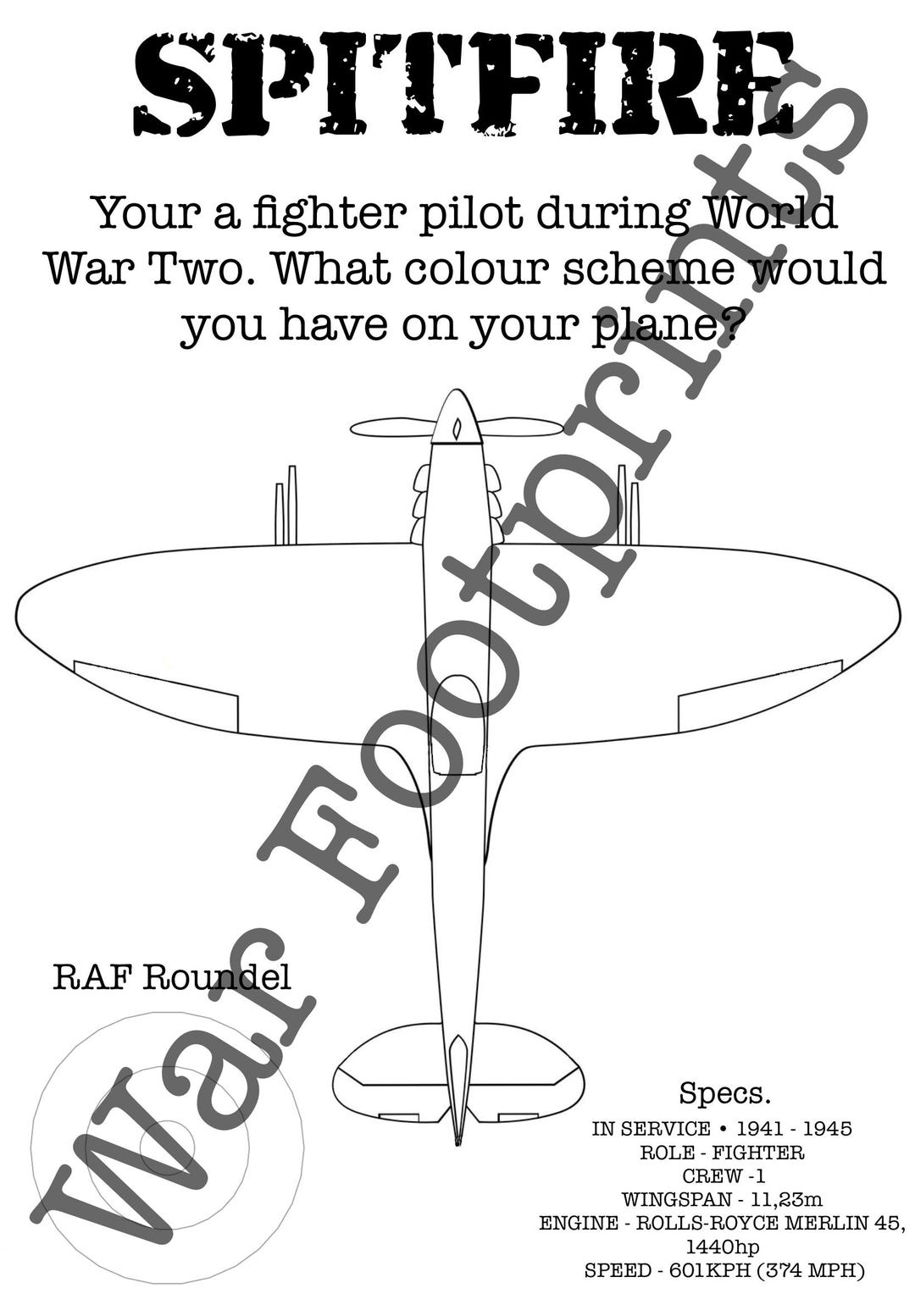 WW2 Spitfire Colouring/worksheet Page. History - Etsy