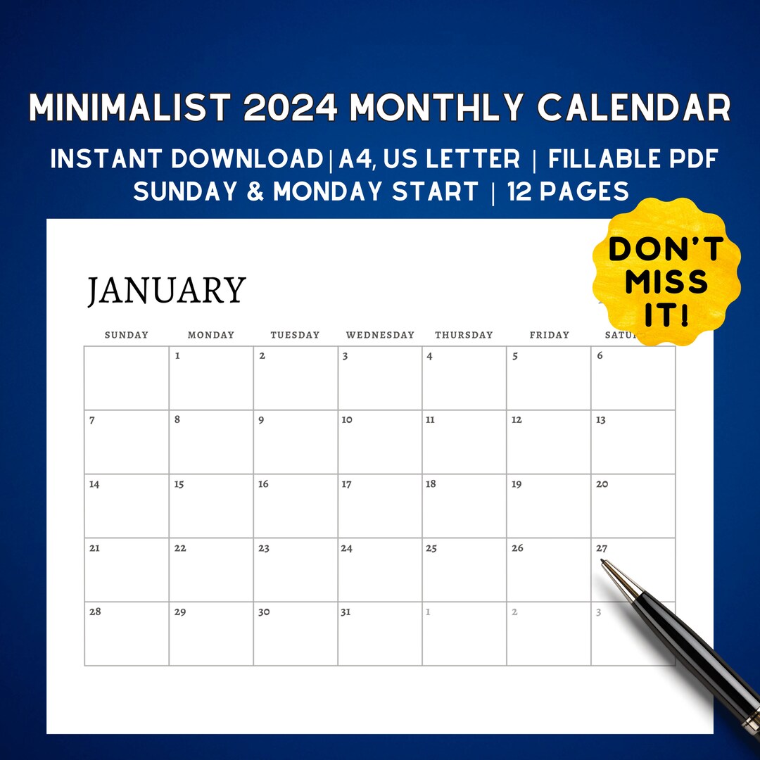 Minimalist 2024 Monthly Calendar 2024 Editable Landscape - Etsy UK