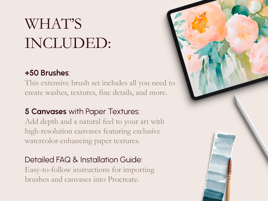 Realistic Watercolor Brushes for Procreate: 50 Brush Set + Texture ...