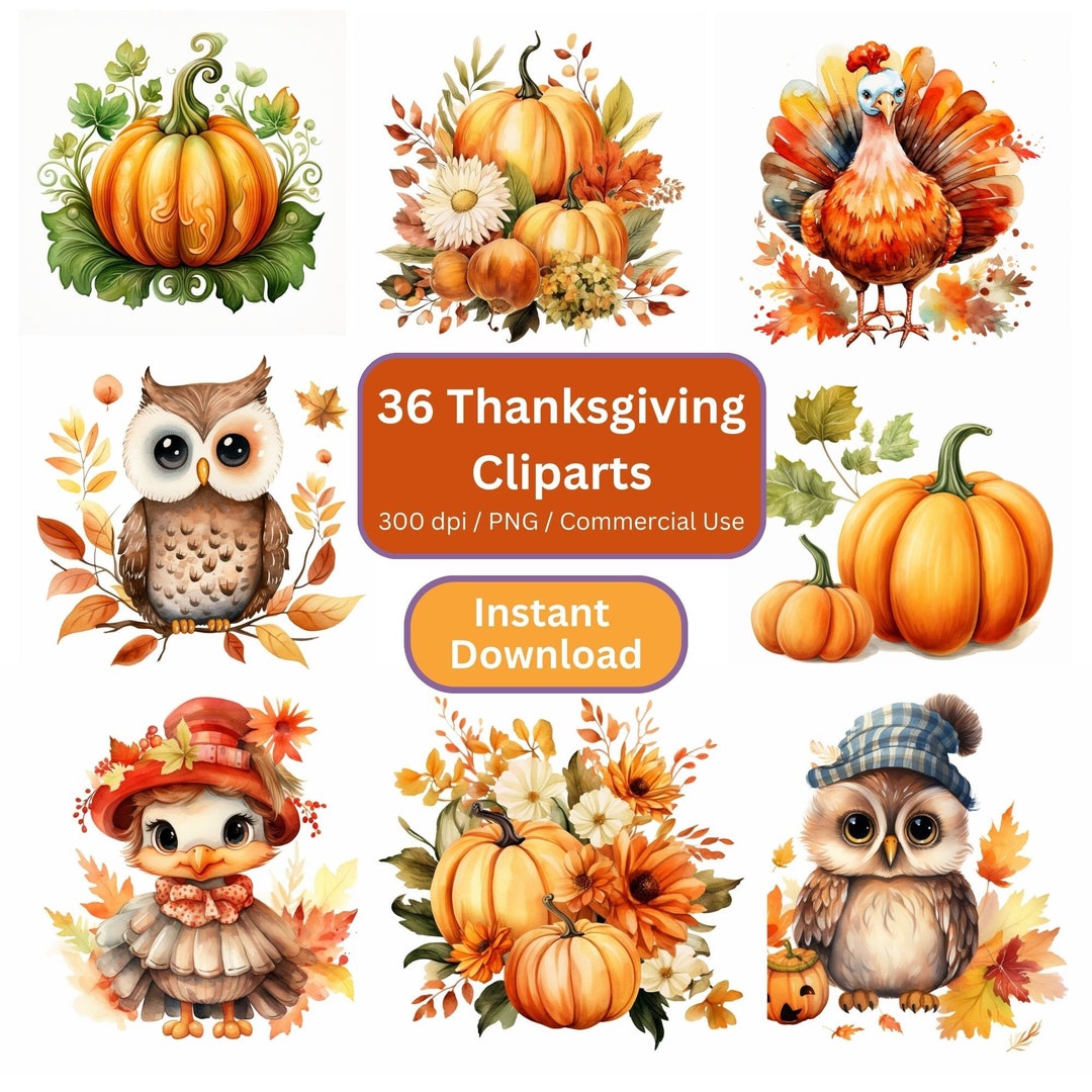 Thanksgiving PNG Cliparts Bundle Watercolor 300dpi Fall PNG Cliparts ...