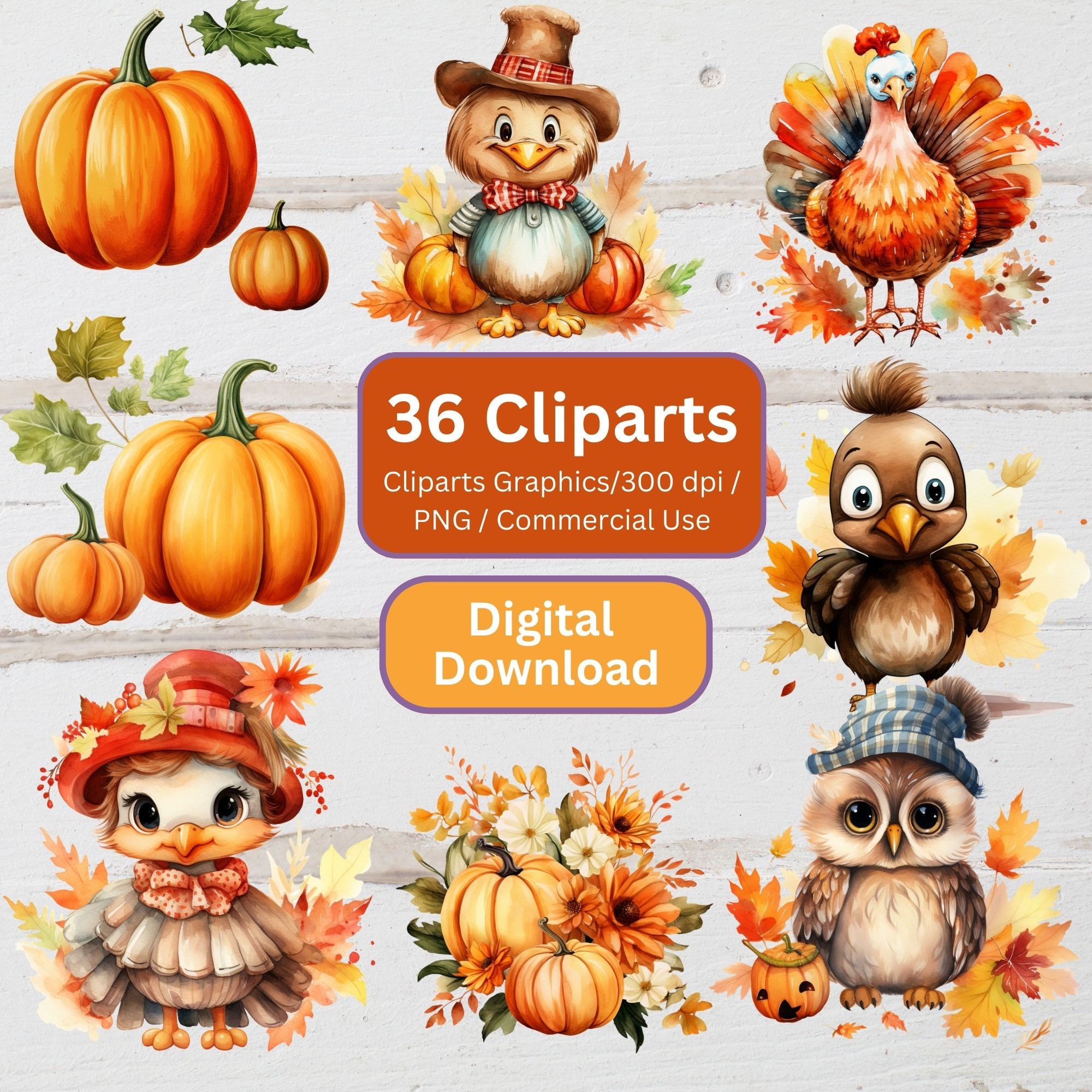 36 Thanksgiving PNG Watercolor Cliparts Bundle Watercolor 300dpi Autumn ...