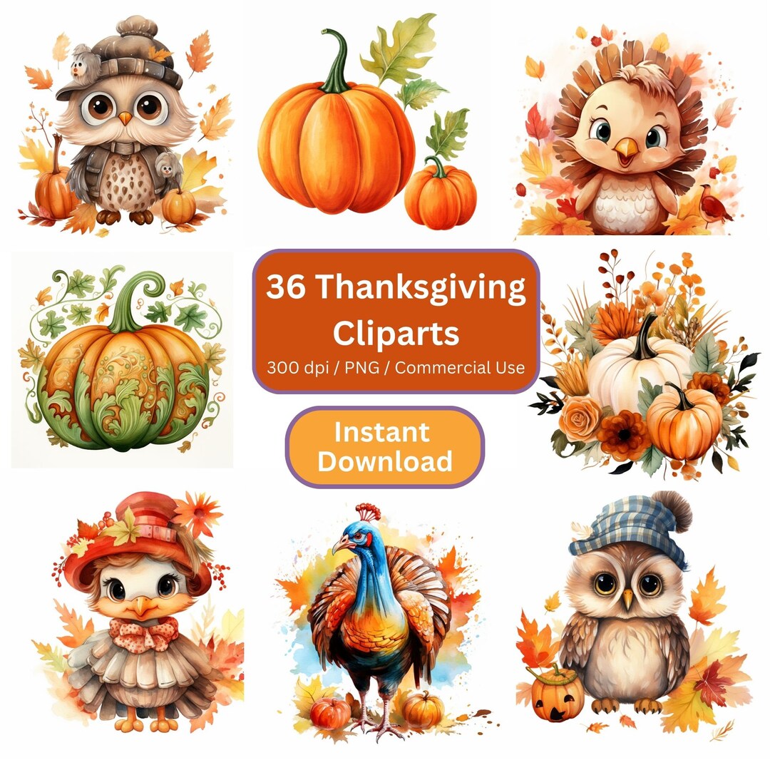 36 Thanksgiving PNG Watercolor Cliparts Bundle Watercolor 300dpi Autumn ...