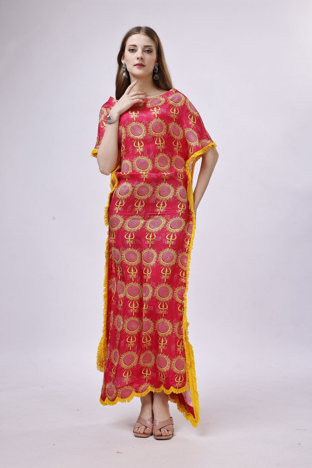 Divine Red Hammered Satin One Piece Dress With Trishul Print , Traditional Festival Dandiya ...
