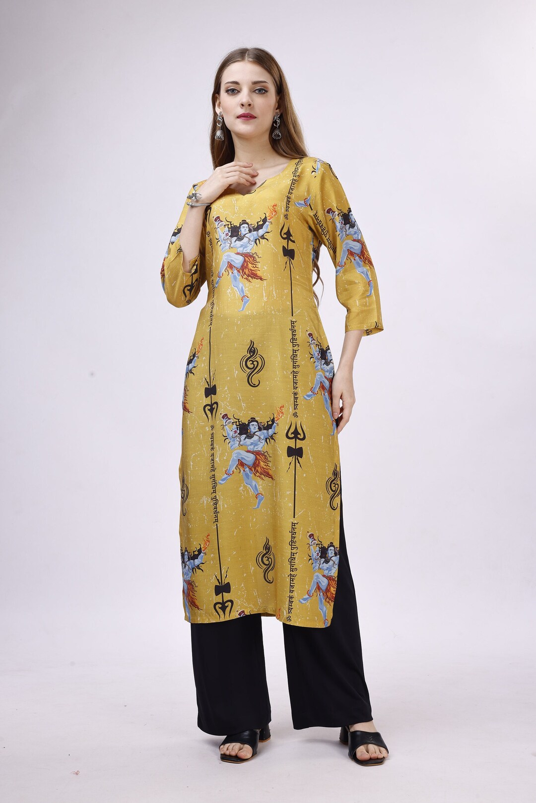 Yellow Kurta Pant Set for Shraavan Month Lord Shiva Print - Yellow ...
