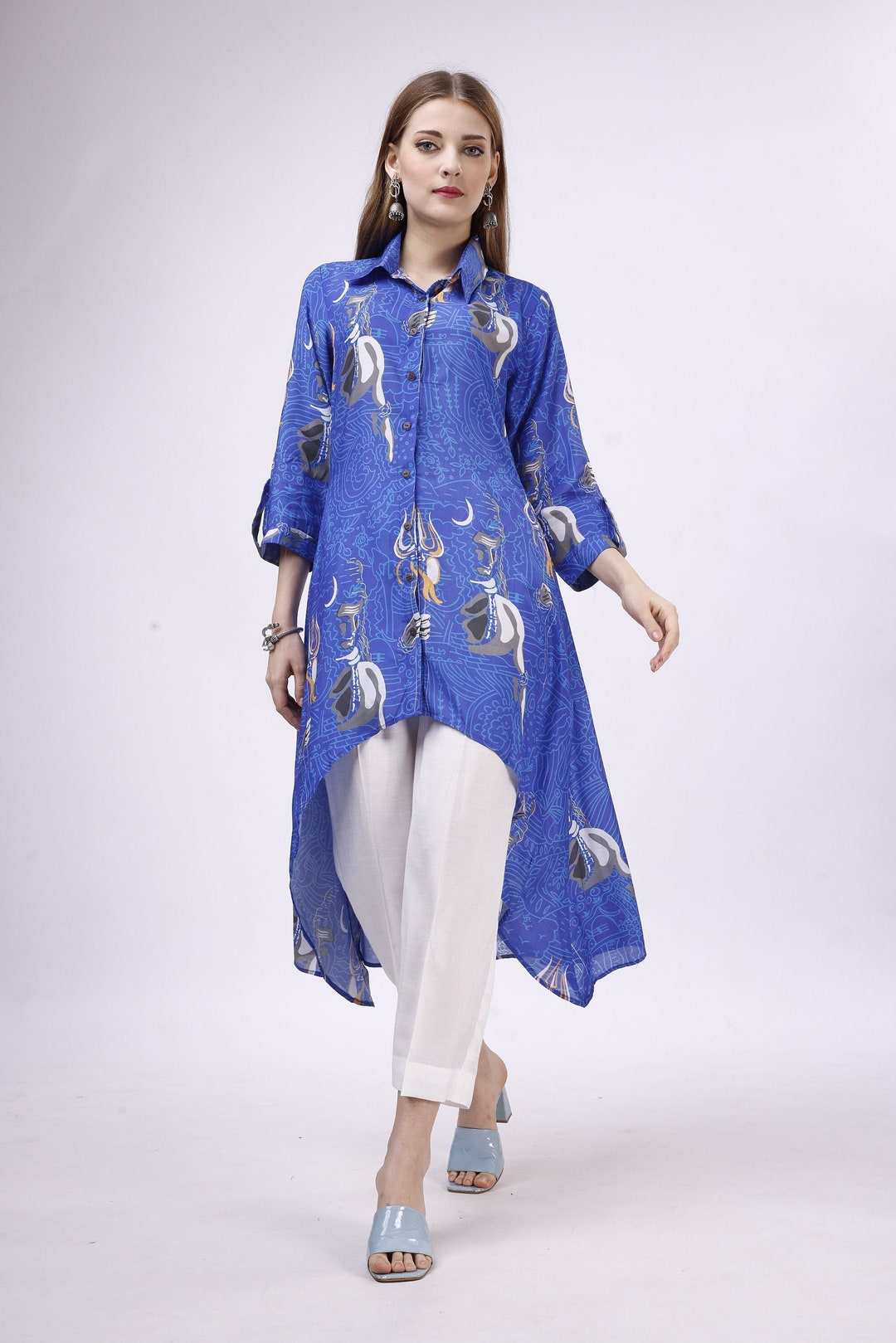 Blue Kurta Pant Set With Lord Shiva Print for Shraavan Month - Pure ...